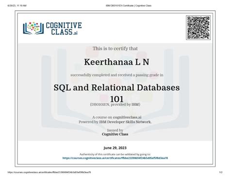 Keerthanaa L N On Linkedin Sql Database Certificateofcompletion Cognitiveclass Linkedin