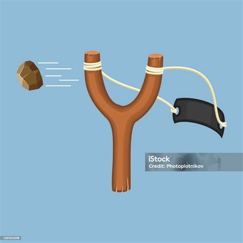 파란색 배경에 고립 된 비행 돌나무 새총 고무 밴드가있는 홈 메이드 새총 나무 손잡이 나무 투석기 돌을 던지기위한 어린이 장난감 새총에 대한 스톡 벡터 아트 및 기타 이미지