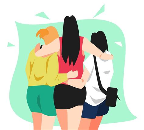 Back View Illustration Of Three Girls Hugging Isolated Green