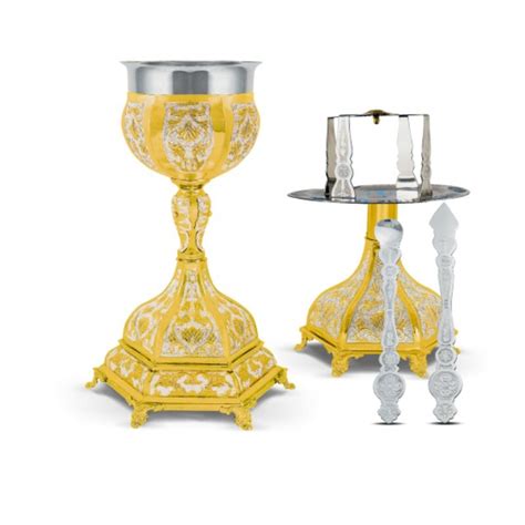 Amazing Big Brass Chalice Set Of 5 Items Gold Plated And Silver Plated