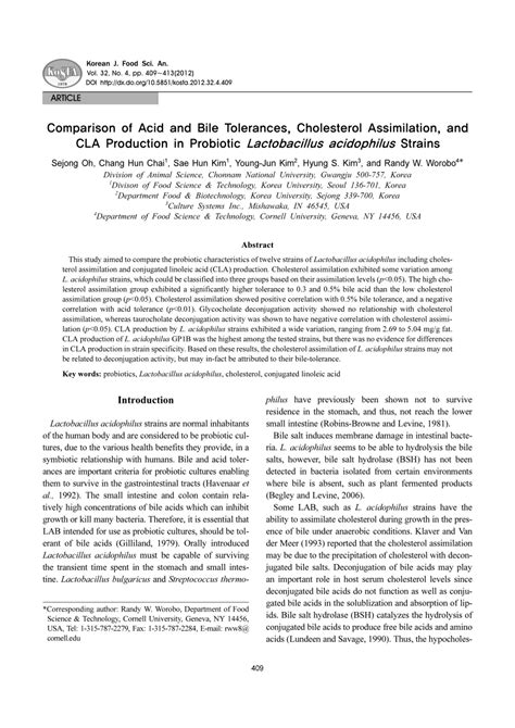 Pdf Comparison Of Acid And Bile Tolerances Cholesterol Assimilation