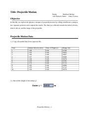 PES 1150 Projectile Motion Report 1 Docx Title Projectile Motion
