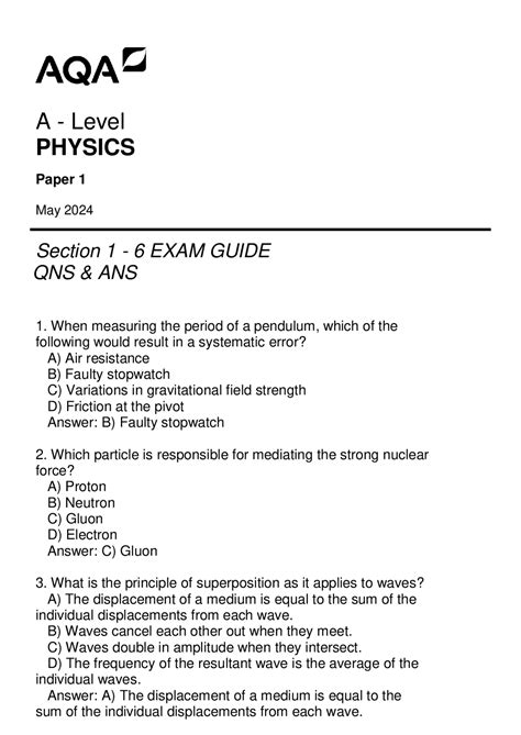 Aqa A Level Physics Paper 1 Section 1 6 Exam Guide Qns And Ans May