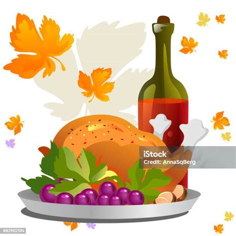 불에 구워진된 전체 닭 또는 칠면조 Sauced 고 잎이 황색 오렌지와 흰색 배경에 고립 된 구운된가 야채 와인 추수 감사절 음식 개념 가을에 대한 스톡 벡터 아트 및 기타