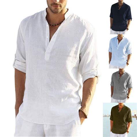 Mens Casual Loose Cotton Linen Long Sleeve Solid Color Shirt Half