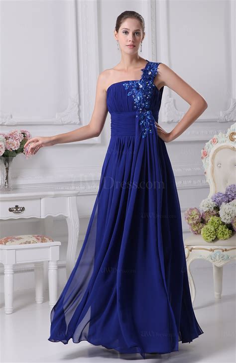 Romantic Column Asymmetric Neckline Chiffon Floor Length Appliques Prom