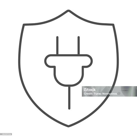 보호 엠블럼과 플러그 얇은 라인 아이콘 전기 자동차 개념 흰색 배경에 대체 전기 에너지 자원 기호를 보호 윤곽 스타일에 플러그 와 방패 아이콘 벡터 그래픽 검은색에 대한
