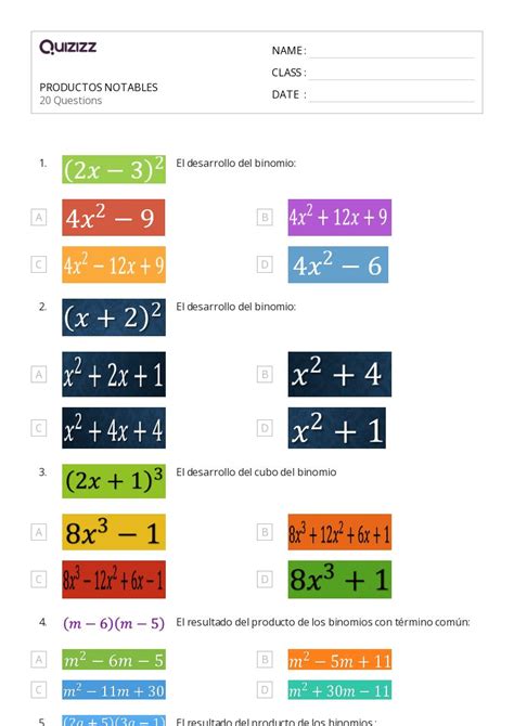 Hoja De Trabajo De Binomios Binomio Al Cuadrado Ejemplos Y Ejercicios