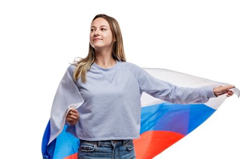 Premium Photo Laughing Girl Holding A Russian Flag Celebrating