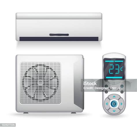 에어컨 시스템 냉각 또는 난방 장비와 현실적인 설정 공기를 청소 신선하게 하고 순환하는 전자 기기 또는 장치 실내 및 실외 유닛의 색상 흰색 배경의 아이콘 열 개념에 대한