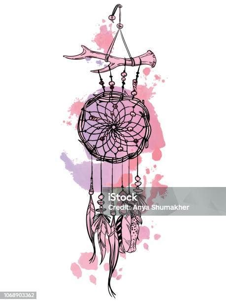 드림 캐쳐 그리고 수채화 선 흰색 배경에 고립 된 깃털 네이티브 아메리칸 인디언 Dreamcatchers입니다 화려한 벡터 일러스트입니다 드림캐쳐에 대한 스톡 벡터 아트 및