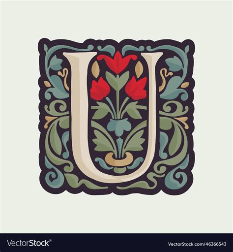 U Letter Illuminated Initial With Curve Leaf Vector Image