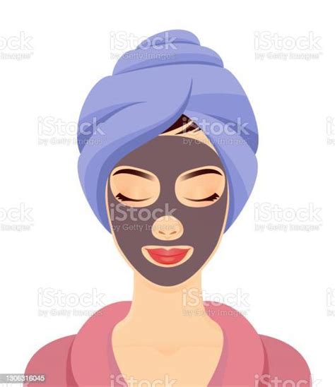 그녀의 머리와 석탄 얼굴 마스크에 수건을 가진 Spa의 소녀 머리에 대한 스톡 벡터 아트 및 기타 이미지 머리 수건
