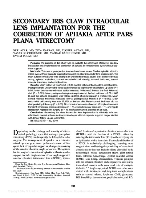 Pdf Secondary Iris Claw Intraocular Lens Implantation For The Correction Of Aphakia After Pars