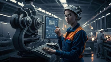 Portrait Of Female Factory Worker Operating Industrial Machine And