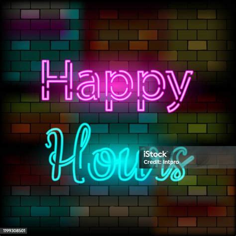 해피 아워 네온 사인 벡터 디자인 템플릿입니다 해피 아워 네온 로고 밝은 배너 디자인 요소 다채로운 현대 디자인 트렌드 밤 밝은 광고 밝은 기호 벡터 일러스트레이션 간판에