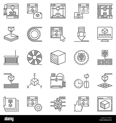 3d Printing Concept Outline Icons Set Vector Printer And Additive Manufacturing Linear Symbols