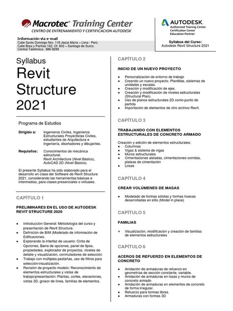Syllabus Revit Structure 2021 Macrotec Training Center Pdf Autodesk Revit Software