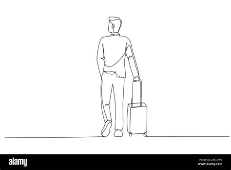 Cartoon Of Businessman In Suit Dragging Suitcase Luggage Bag In The Airport One Line Art Style