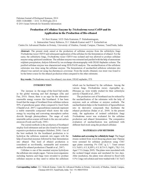 Pdf Production Of Cellulase Enzyme By Trichoderma Reesei Cef19 And Its Application In The