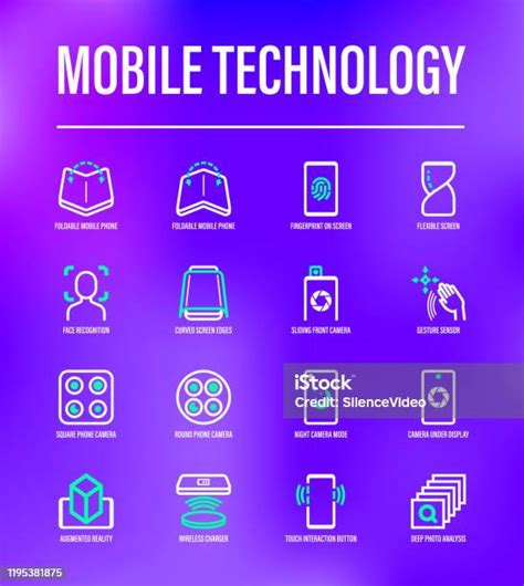 현대 모바일 기술 얇은 라인 아이콘 설정 접이식 스마트 폰 얼굴 인식 곡선 가장자리 제스처 센서 슬라이딩 전면 카메라 Vr 무선 충전기 깊은 사진 분석 벡터 그림입니다
