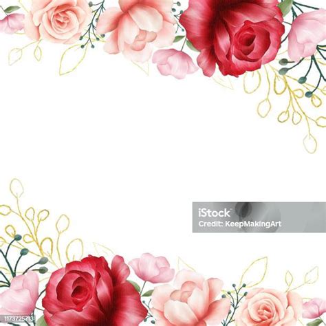 결혼식 이나 인사말 카드 구성에 대 한 황금 꽃 국경 장식입니다 빨간 장미 모란 잎 가지의 꽃 그림입니다 웨딩 초대 꽃 배경 0명에 대한 스톡 벡터 아트 및 기타 이미지