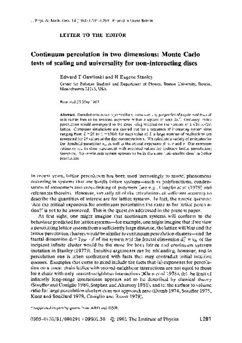 Pdf Continuum Percolation In Two Dimensions Monte Carlo Tests Of Scaling And Universality For