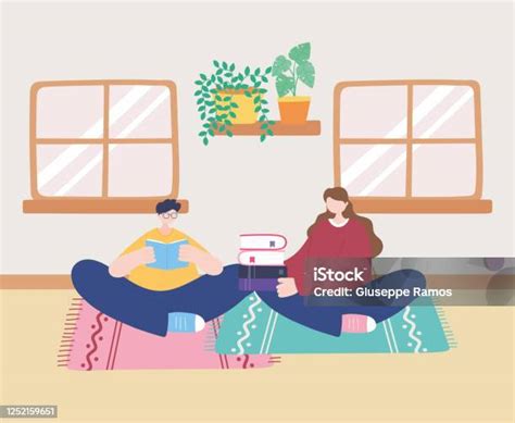 집에 머물 남자 독서 책과 바닥에 책을 가진 소녀 자기 고립 코로나 바이러스검장 활동 2019년에 대한 스톡 벡터 아트 및 기타