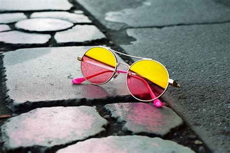 Premium Ai Image Sunglasses On The Ground With Pink And Yellow Lenses