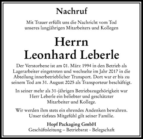 Traueranzeigen Von Leonhard Leberle Augsburger Allgemeine Zeitung