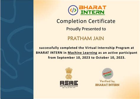 Pratham Jain On Linkedin Machinelearning Internship Internishipcompletion Bharatintern