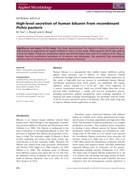 Pdf High‐level Secretion Of Human Bikunin From Recombinant Pichia Pastoris