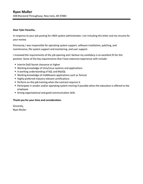 UNIX System Administrator Cover Letter Velvet Jobs