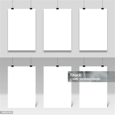 종이 클립에 매달려 포스터 모형 사실적인 포스터 프레임 템플릿 벡터 세트 바인더가 있는 백지 보드 문구 액세서리 사무 용품 빈 플래카드 컬렉션 매달기에 대한 스톡 벡터 아트