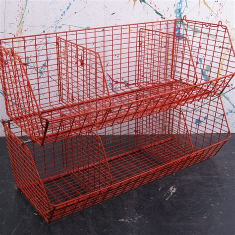 Red Storage Baskets Blue Ticking