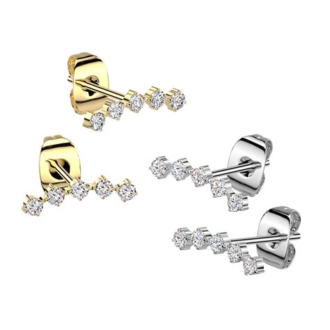 Pair Of 316l Surgical Steel Gold Pvd Curved White Cz Stud Earrings