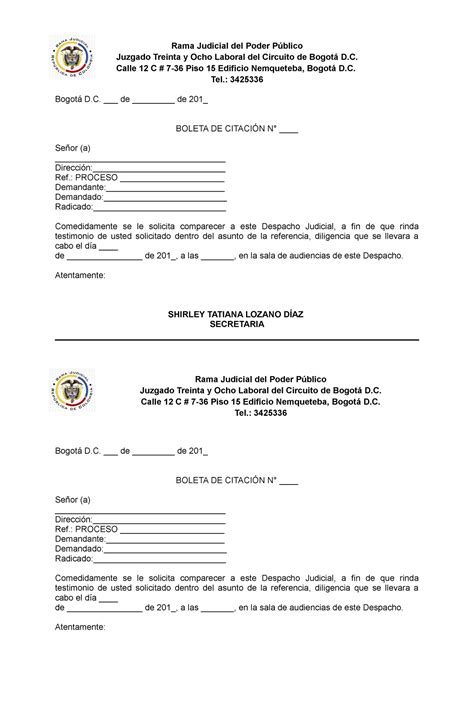 Formato Boleta Citacion Rama Judicial Del Poder Público Juzgado