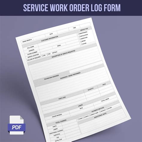 Service Work Order Log Form Etsy