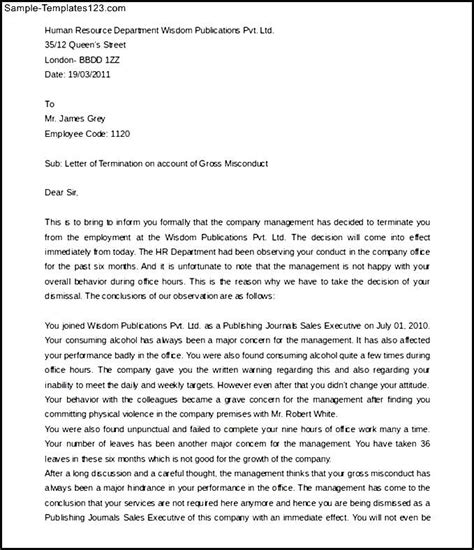 Letter Of Dismissal For Misconduct Template