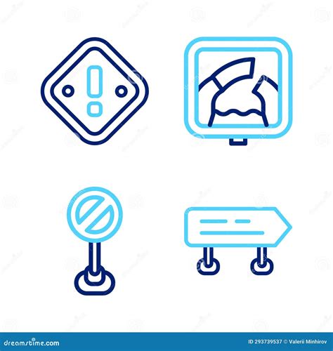 Set Line Road Traffic Sign Stop Drawbridge Ahead And Exclamation Mark In Triangle Icon Vector