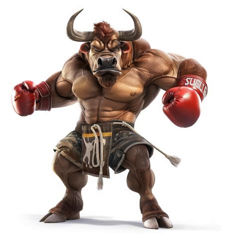 A Muscular Bull Wearing Red Boxing Gloves And Shorts Stands In A