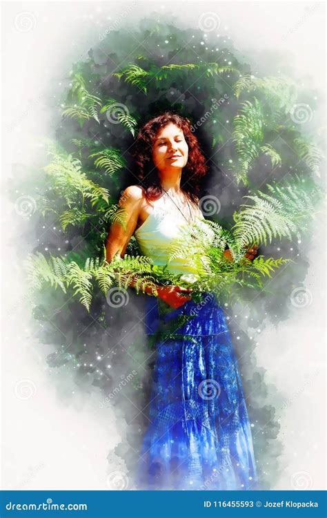 Red Haired Dreaming Hippie Girl In Wild Bracken Plants And Softly