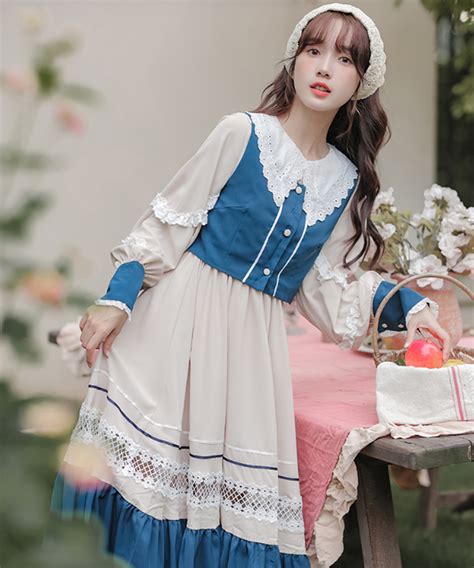 가을 데이트룩 로리타 프릴 펀칭 루즈핏 앨리스 A라인 롱 원피스