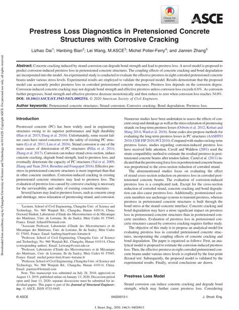 Pdf Prestress Loss Diagnostics In Pre Tensioned Concrete Structures With Corrosive Cracking