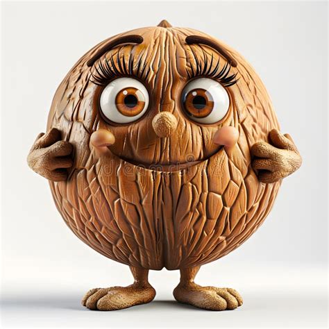 Funny Cute Walnut Nut With Hands And Eyes 3d Illustration On A White Background For