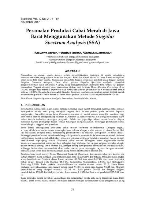 Pdf Peramalan Produksi Cabai Merah Di Jawa Barat Menggunakan Metode Singular Spectrum Analysis