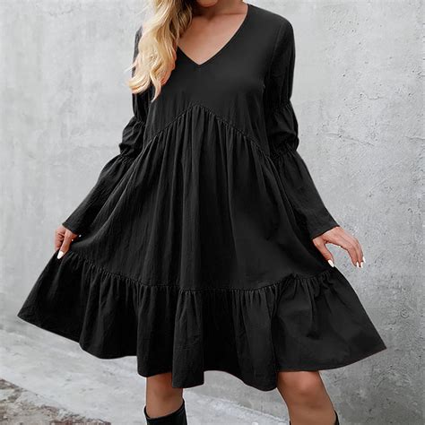 Munlar Womens Loose Sundress Black Pleated Ruffle Mini Dress Long