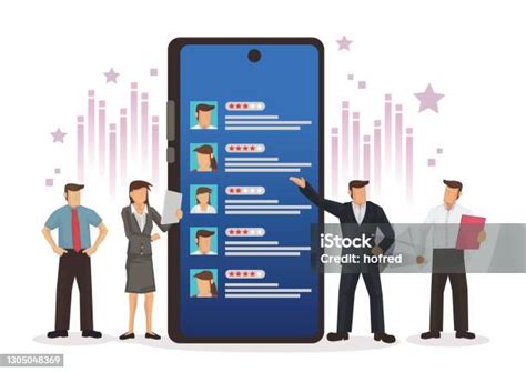 고객 스타를 보유한 비즈니스 담당자는 모바일 앱 피드백을 검토합니다 등급매기기에 대한 스톡 벡터 아트 및 기타 이미지 등급매기기 비교 인터넷 Istock