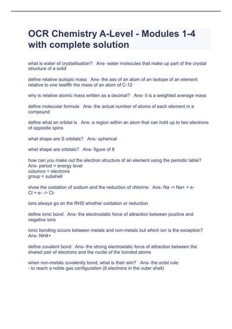 OCR Chemistry A Level Modules 1 4 With Complete Solution OCR Chemistry A Level Stuvia US