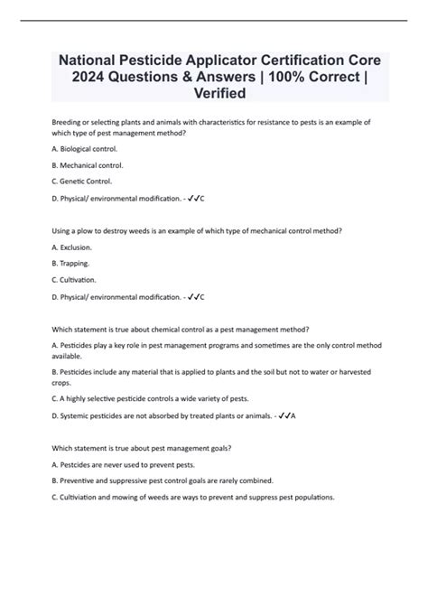 National Pesticide Applicator Certification Core 2024 Questions And Answers 100 Correct